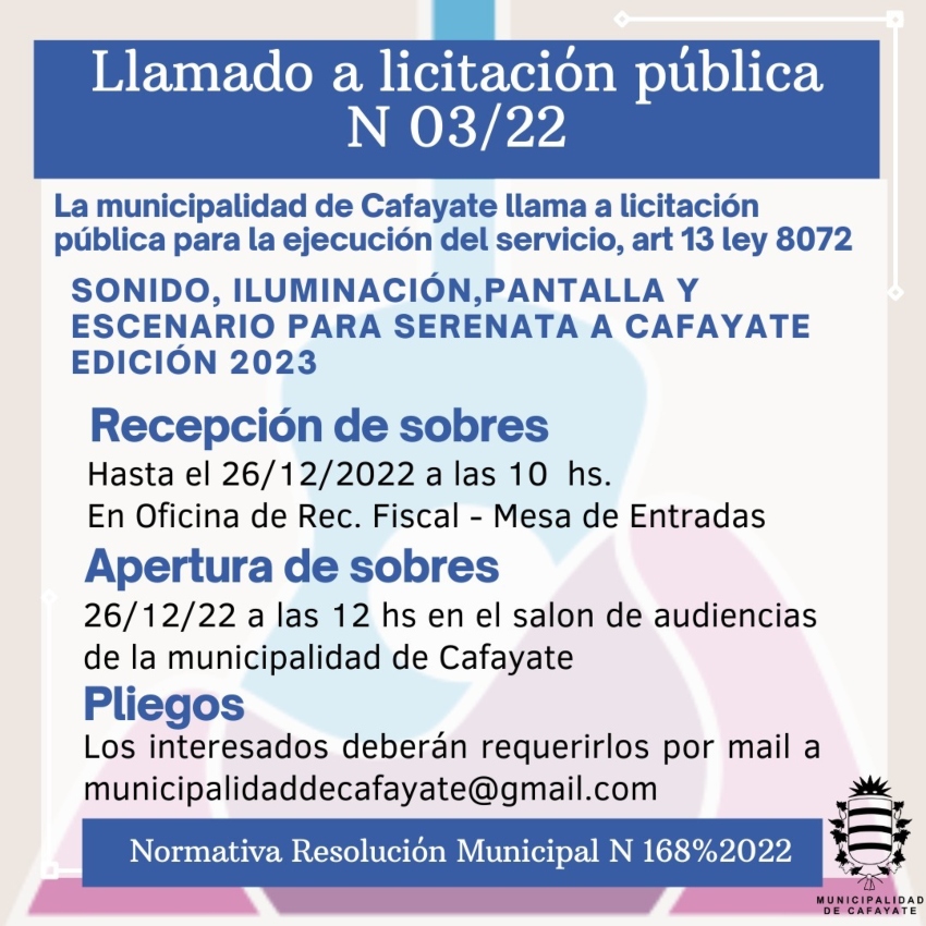 Llamado a Licitación Publica | Municipalidad de Cafayate, Salta